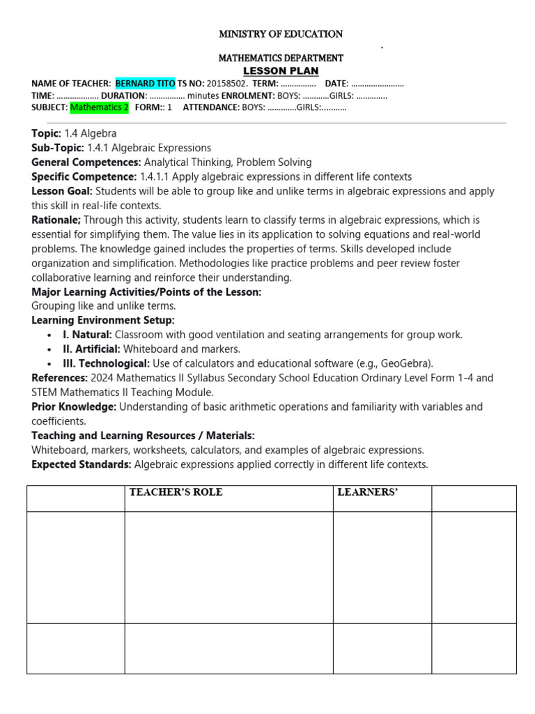 Algebraic Expressions Lesson Plan | PDF | Learning | Algebra