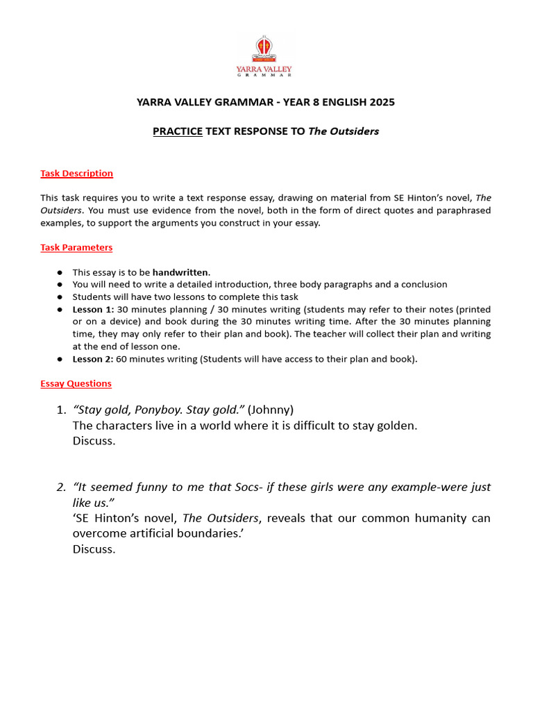 2025 PRACTICE The Outsiders Assessment High School | PDF | Essays ...