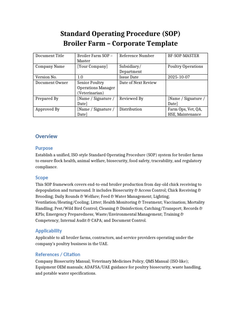 Broiler Farm SOP Template for Operations | PDF | Poultry Farming