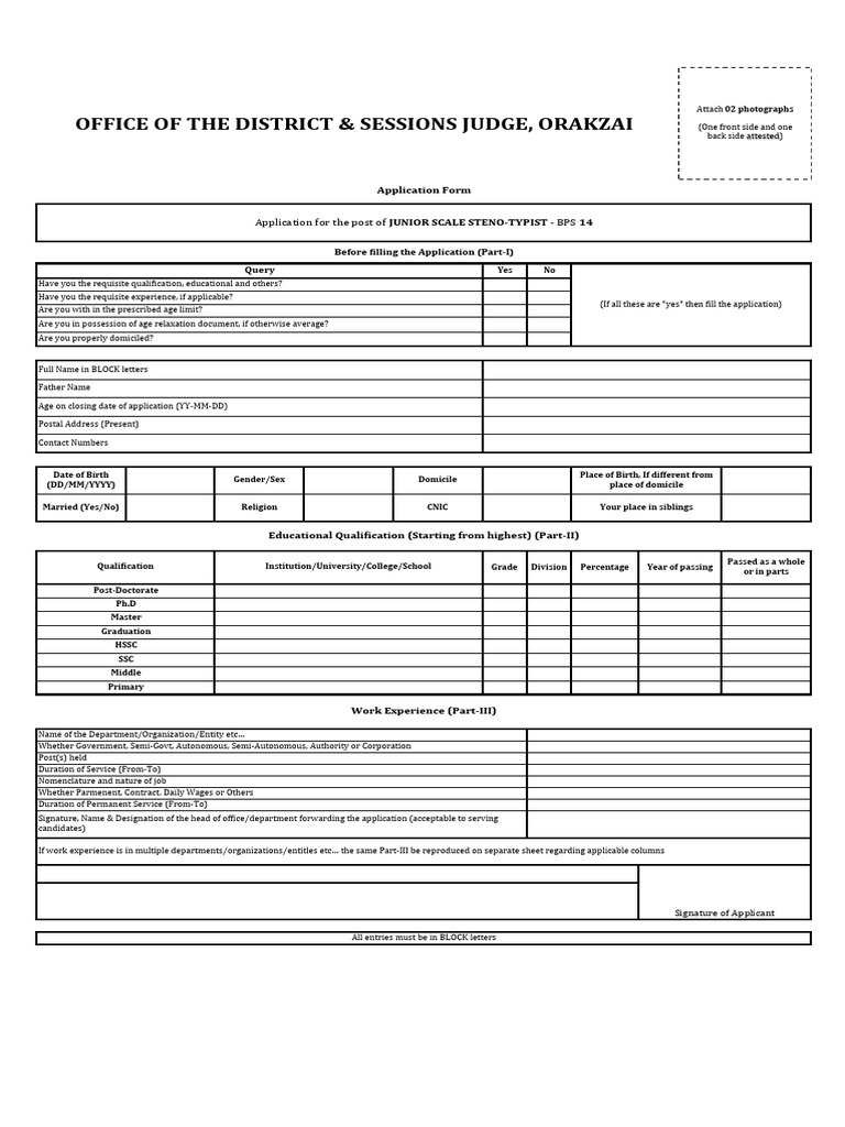 Junior Scale Steno-Typist Application Form | PDF