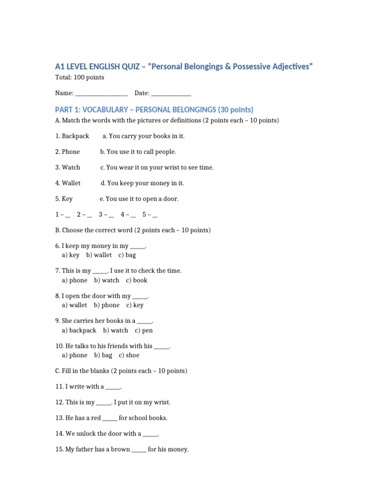 A1 English Quiz: Belongings & Adjectives | PDF | Chess Openings | Chess