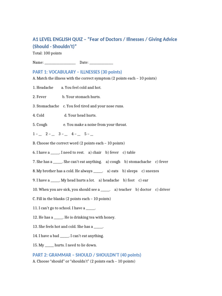 A1 UNIT 8 Quiz Illnesses Should Shouldnt | PDF | Common Cold
