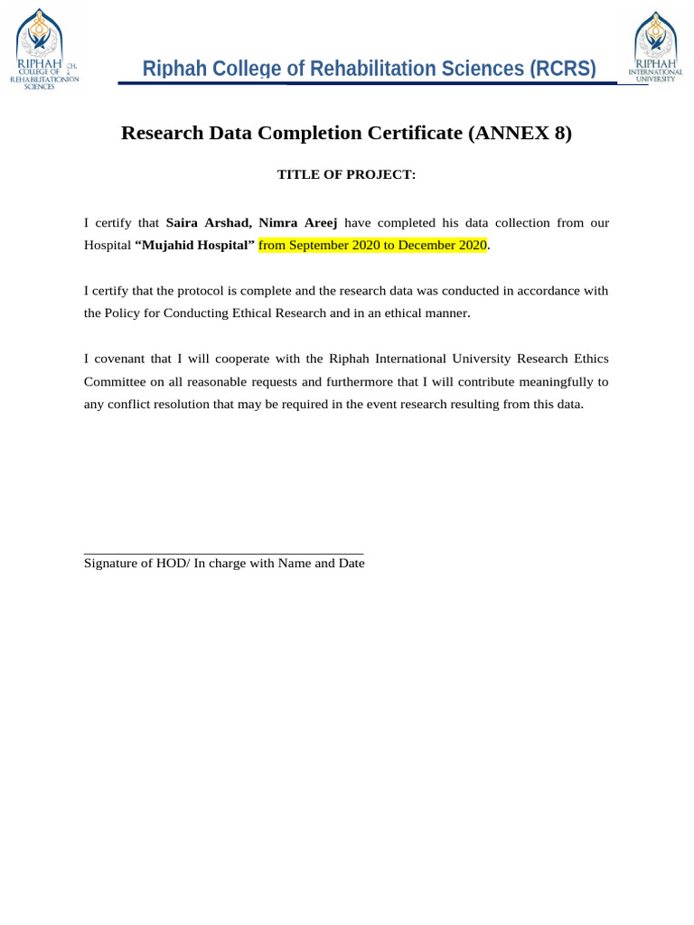 Research Data Completion Certificate (ANNEX 8) - 1 | PDF