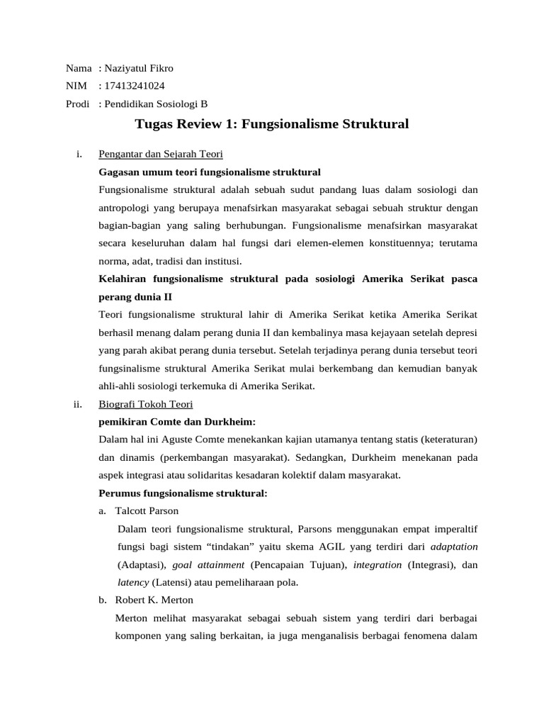 Fungsionalisme Struktural dalam Sosiologi | PDF