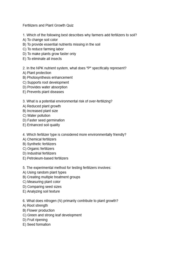 Fertilizers and Plant Growth Quiz | PDF