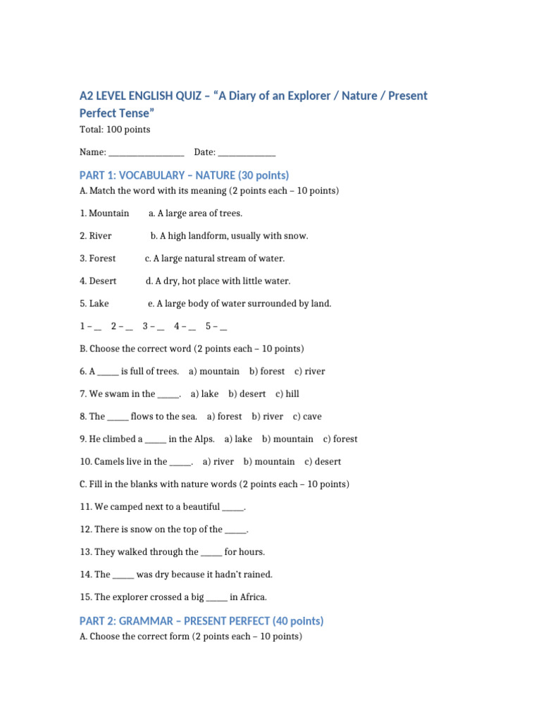 A2 English Quiz: Nature & Present Perfect | PDF | Earth Sciences