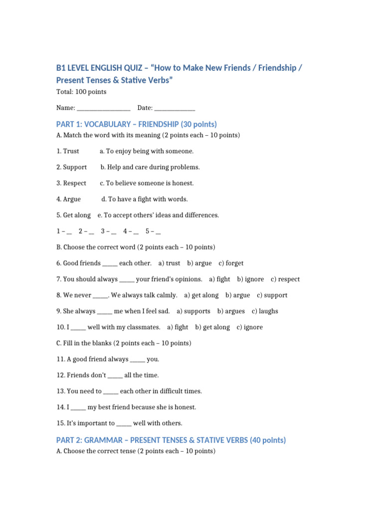 B1 Friendship Quiz and Comprehension | PDF | Language Mechanics | Syntax