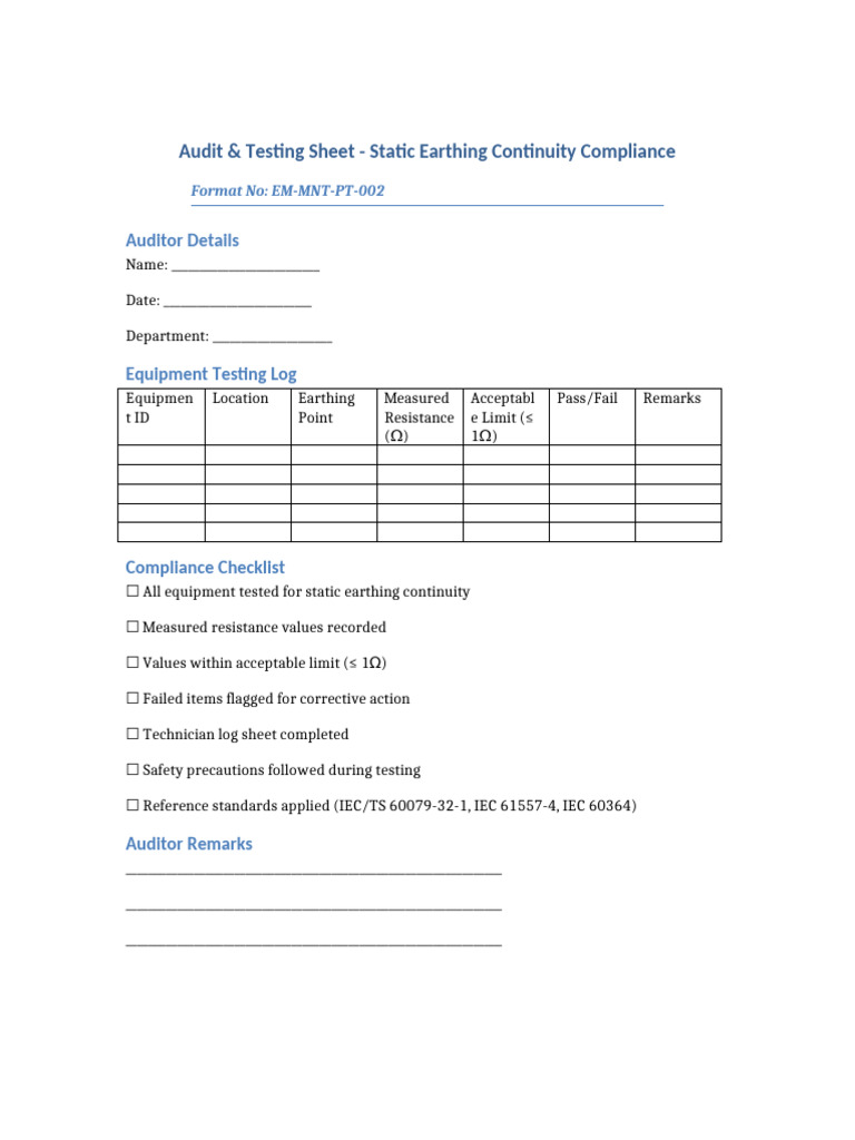 Static Earthing Audit Testing Sheet | PDF