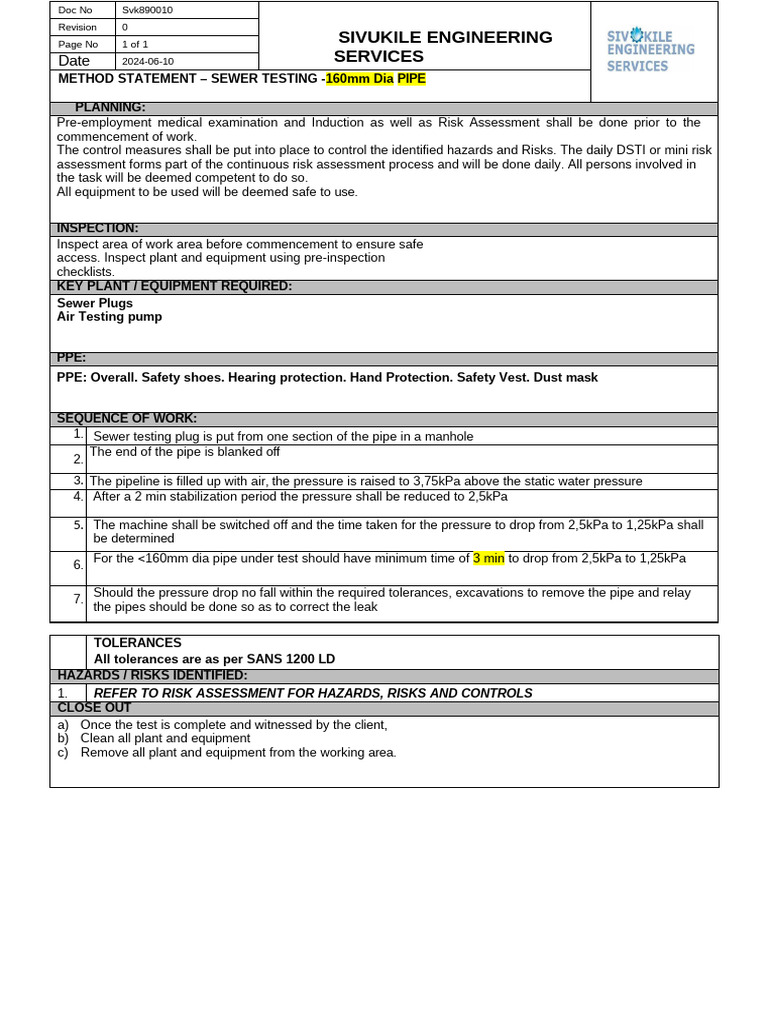 Sewer Testing Method Statement Guide | PDF