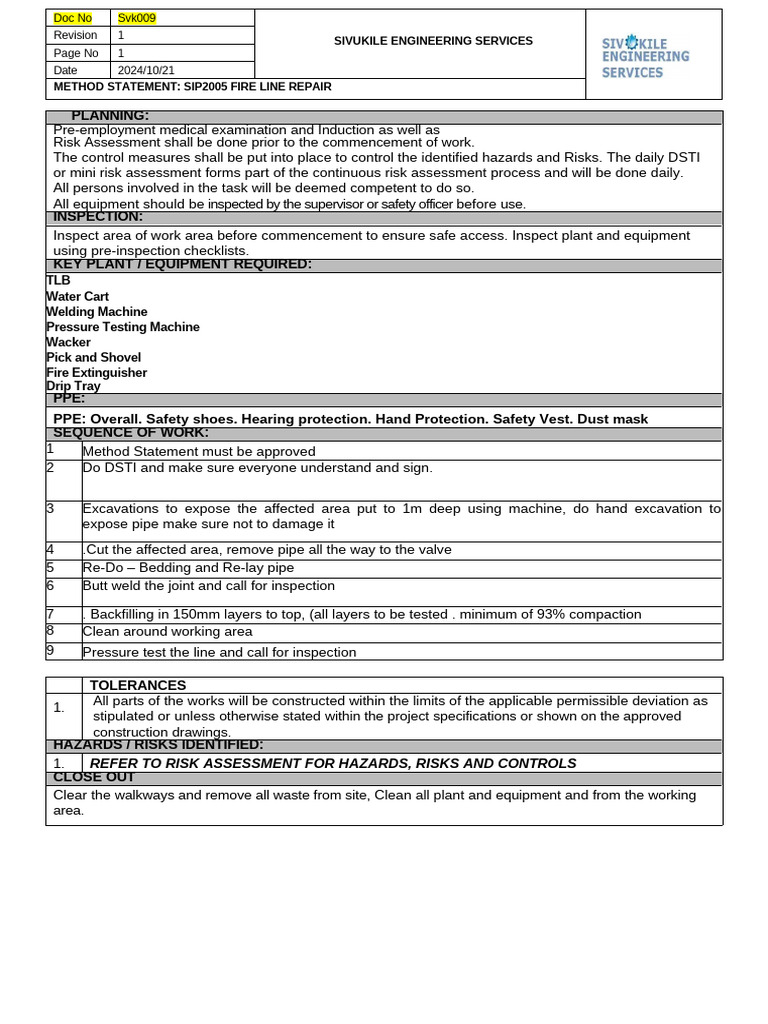 Method Statement-Fire Line 2 | PDF