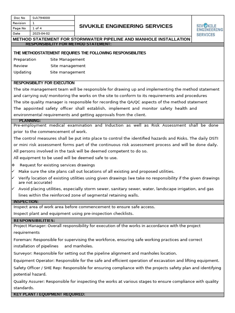 Stormwater Pipeline and Manhole Installation Method Statement Revision 2 | PDF | Concrete | Pipe ...