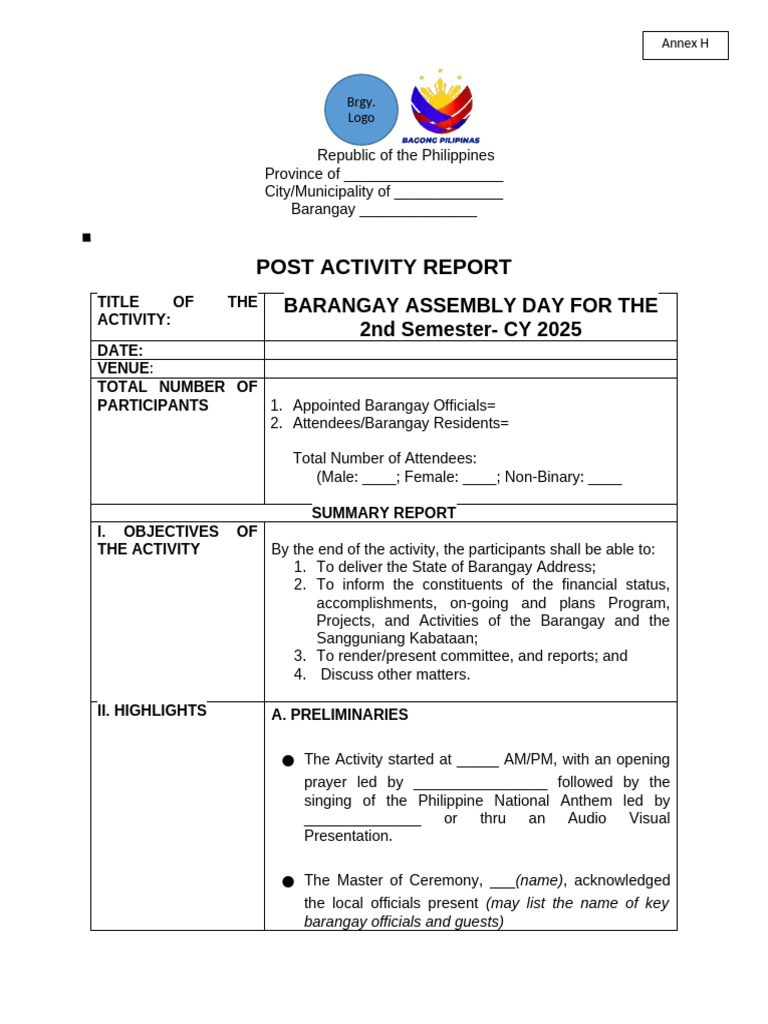 Barangay Assembly Post Activity Report 2025 | PDF