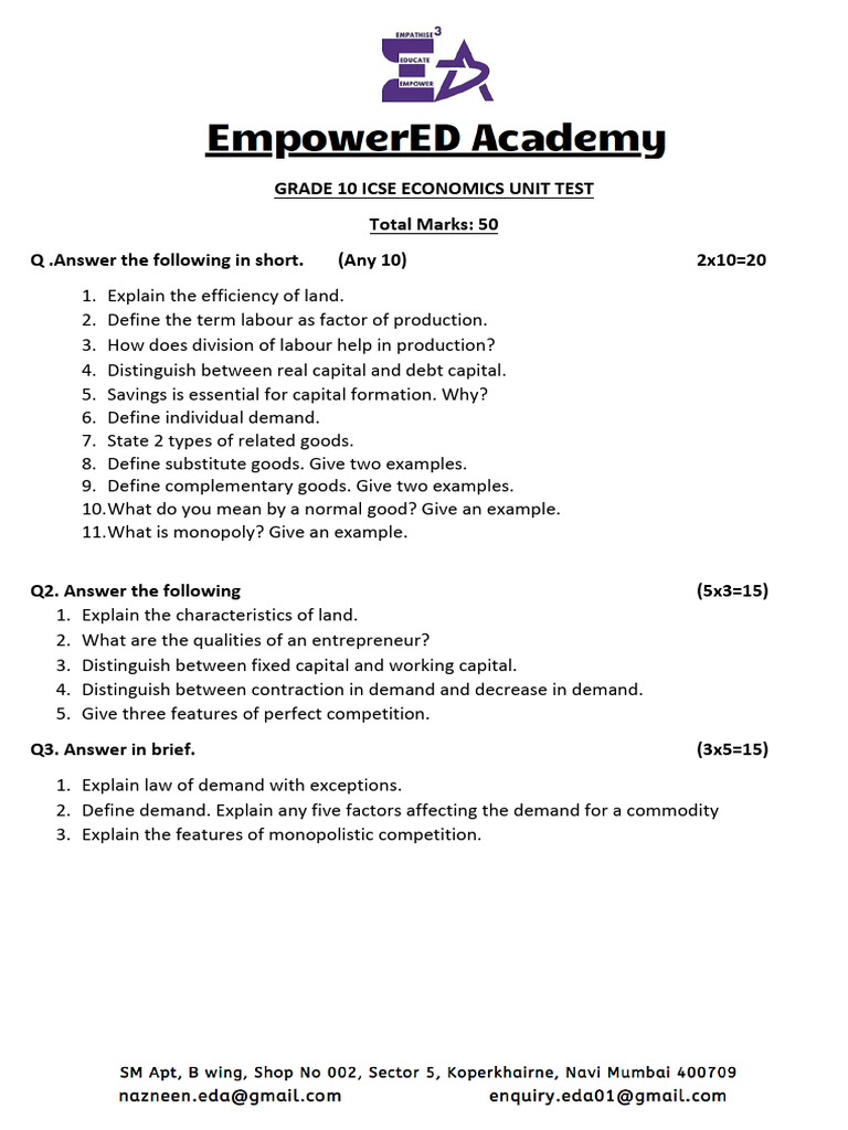 Grade 10 Icse Eco Unit Test (1, 2, 5) | PDF