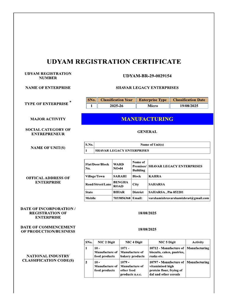 Shavar Legacy Enterprises Udayam With Annexure | PDF