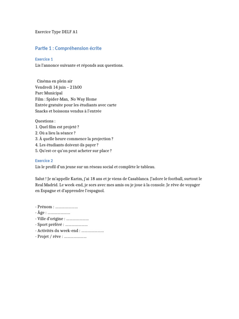Exercice DELF A1 : Compréhension et Expression | PDF