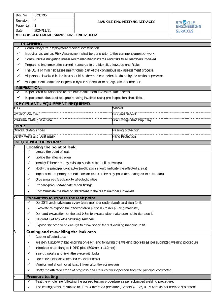 Method Statement-Fire Line Revision 5 | PDF | Leak | Risk Assessment