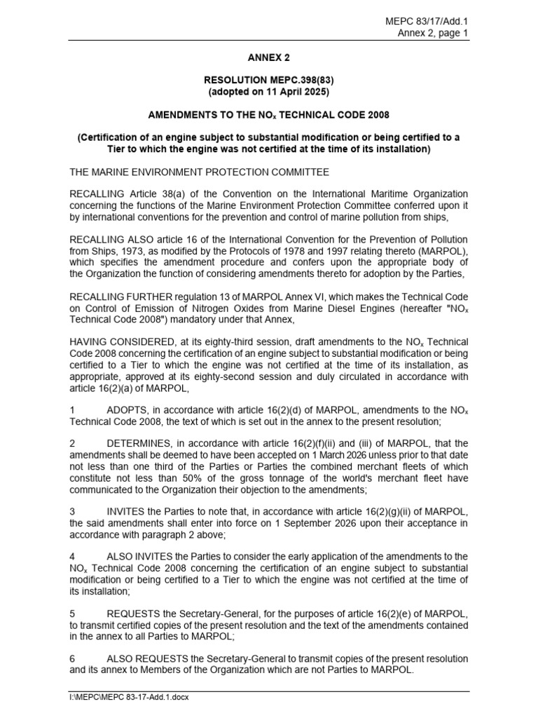 Amendments to NOx Technical Code 2008 | PDF