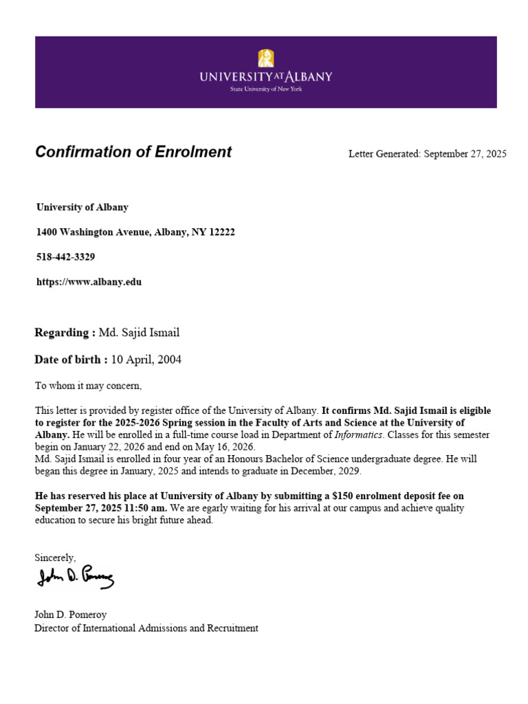 Enrolment Deposit Fee Confirmation Letter | PDF