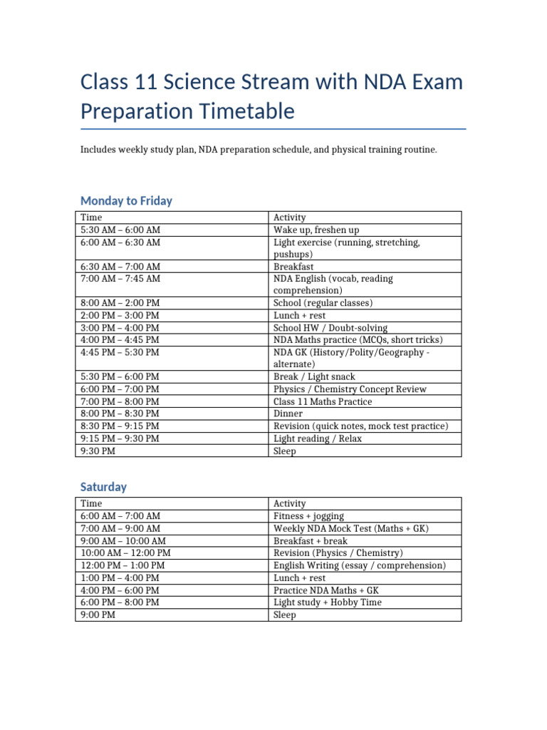 NDA Exam Prep Timetable for Class 11 | PDF