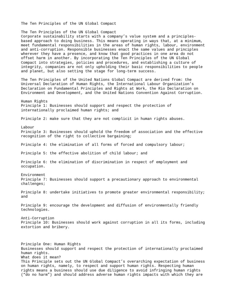 UN - The Ten Principles of The UN Global Compact | PDF | Labour Law ...