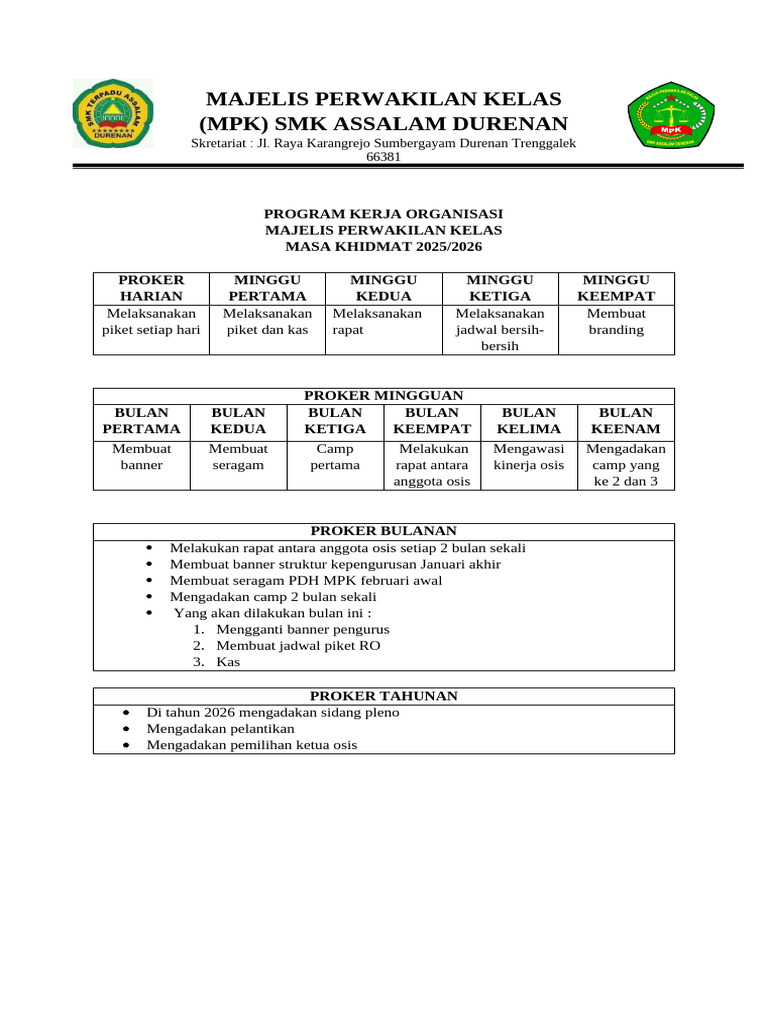 Program Kerja MPK SMK Assalam 2025/2026 | PDF