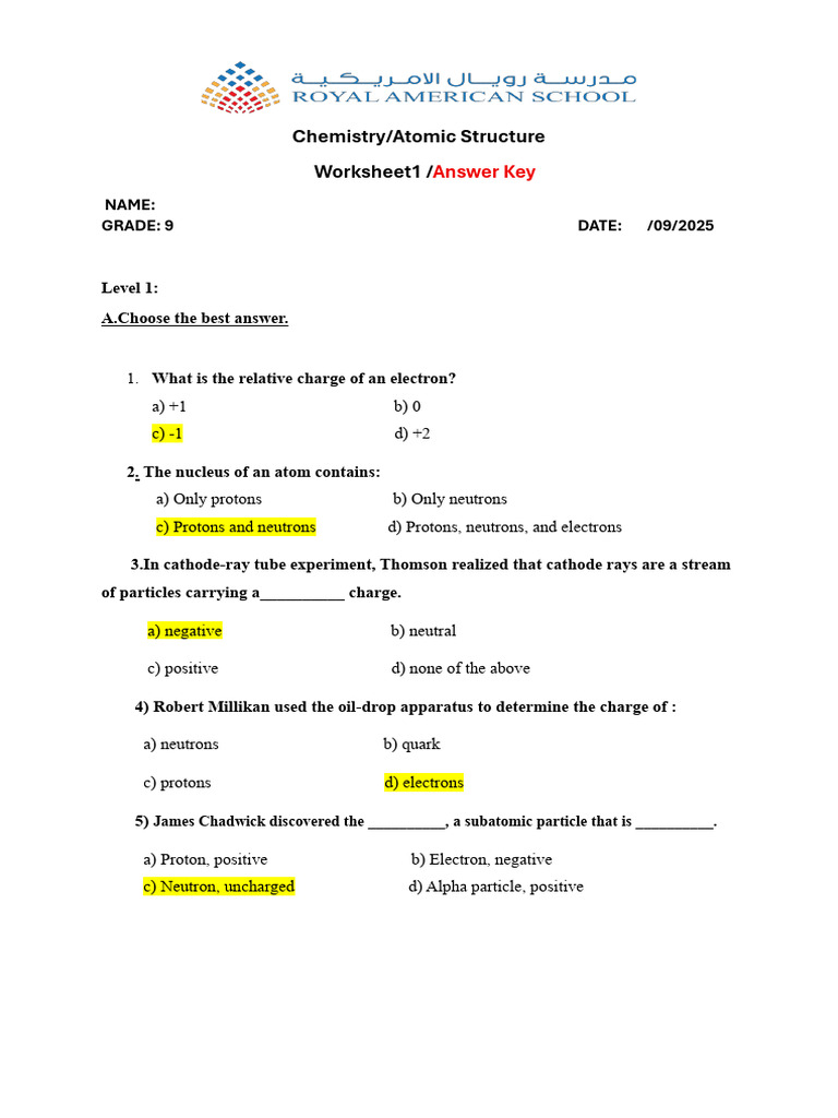 Atomic Structure Worksheet and Answers | PDF | Atoms | Atomic Nucleus