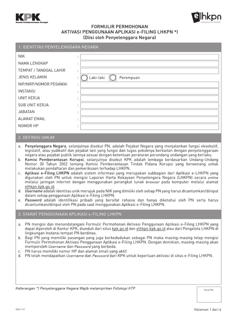 Formulir Permohonan Aktivasi Penggunaan Efiling | PDF