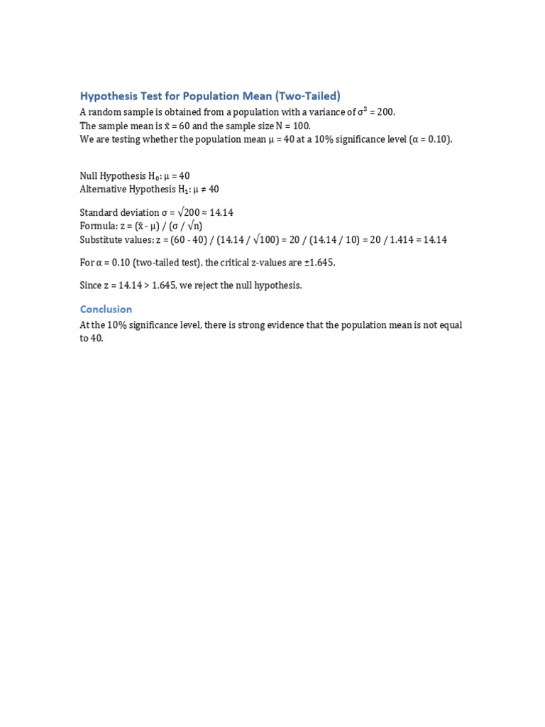 Hypothesis Test Population Mean | PDF