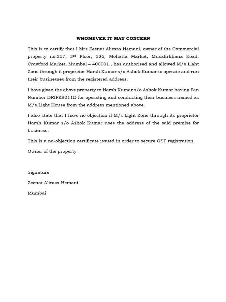 NOC for GST Registration Certificate | PDF