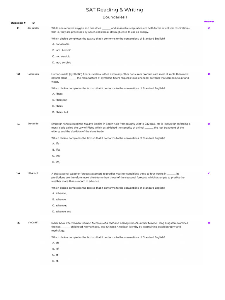 SAT Reading & Writing Boundaries Answers | PDF