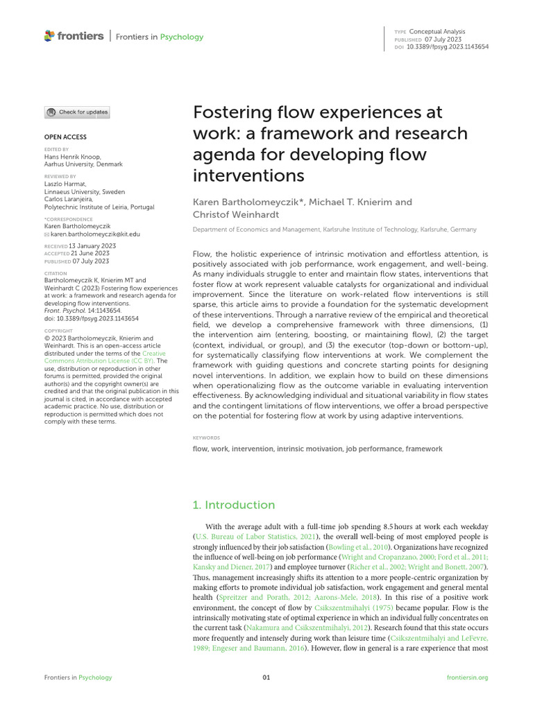 Fostering Flow Experiences at Work A Framework and Research Agenda For ...
