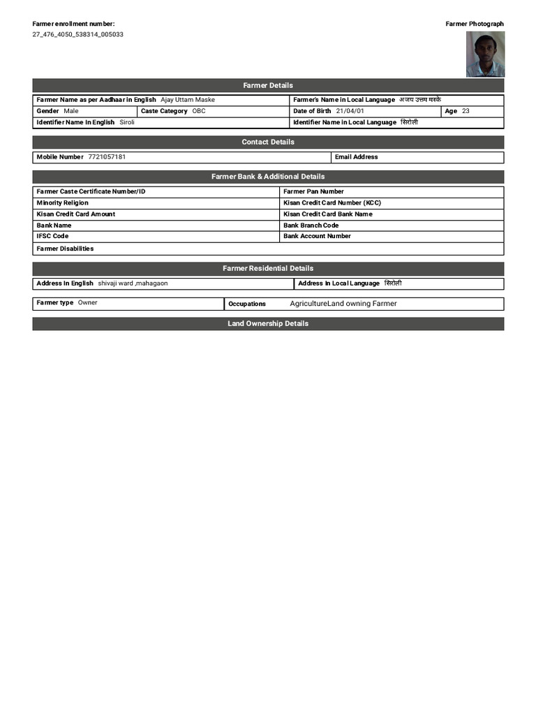 Farmer Registry Enrollement Data | PDF