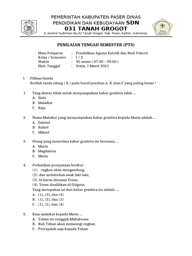 Soal Pts Kls 1 Compress | PDF
