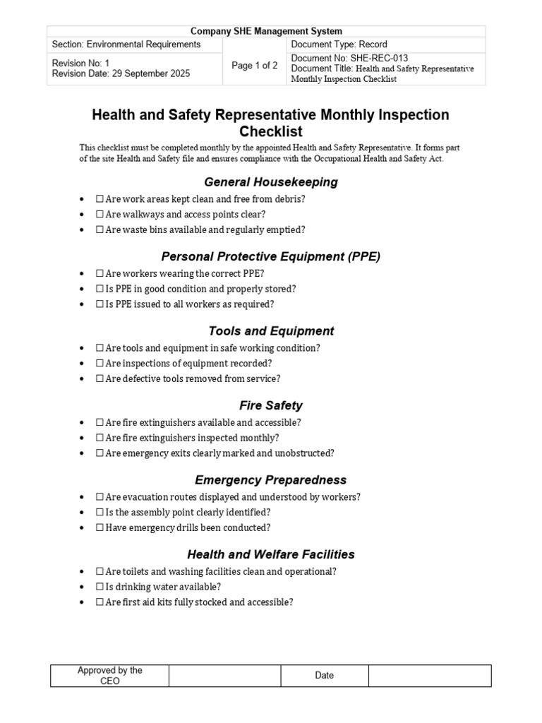 Monthly SHE Inspection Checklist | PDF | Occupational Safety And Health ...