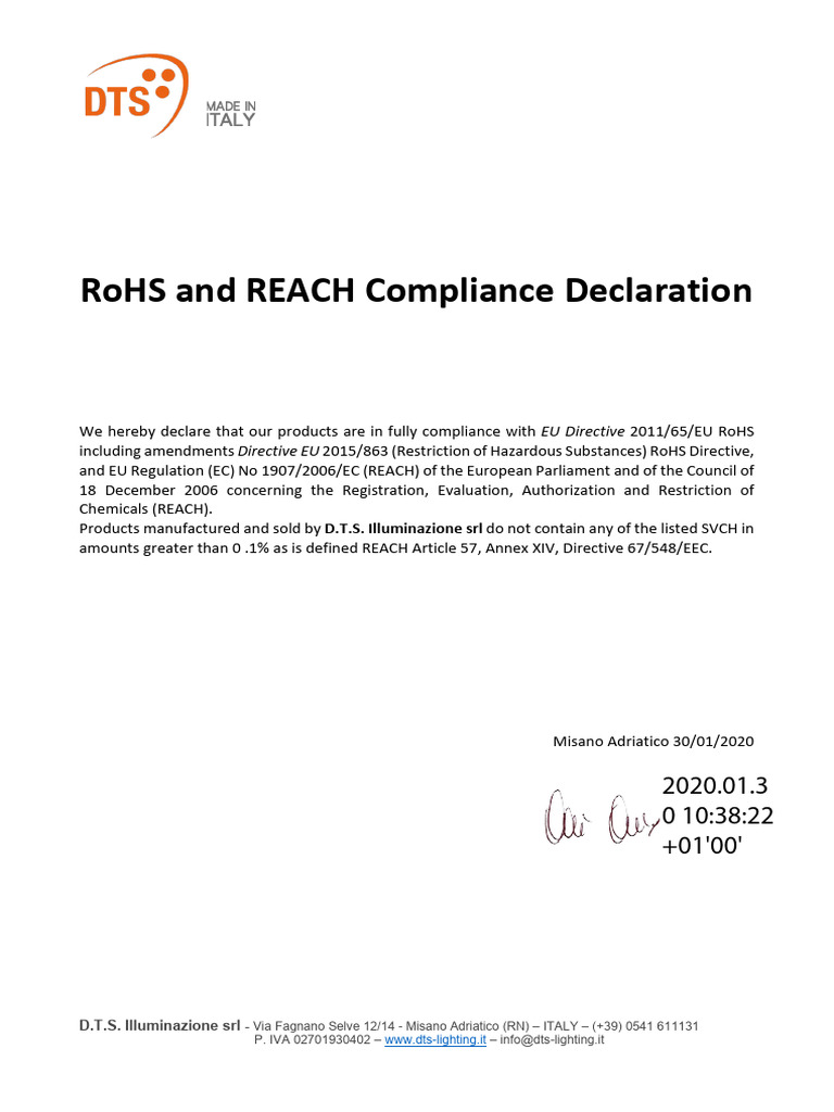 RoHS and REACH Compliance Declaration 30012020 | PDF