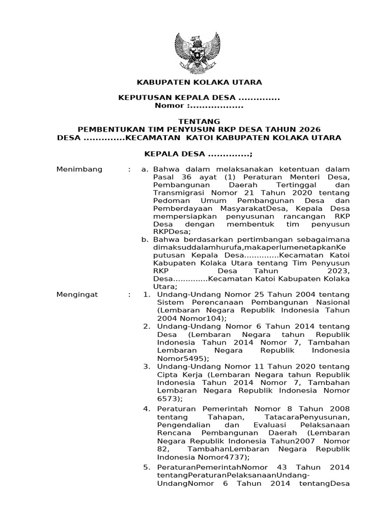 02 Format keputusan Kepala Desa tentang Tim Penyusun RKP Desa 2026 | PDF