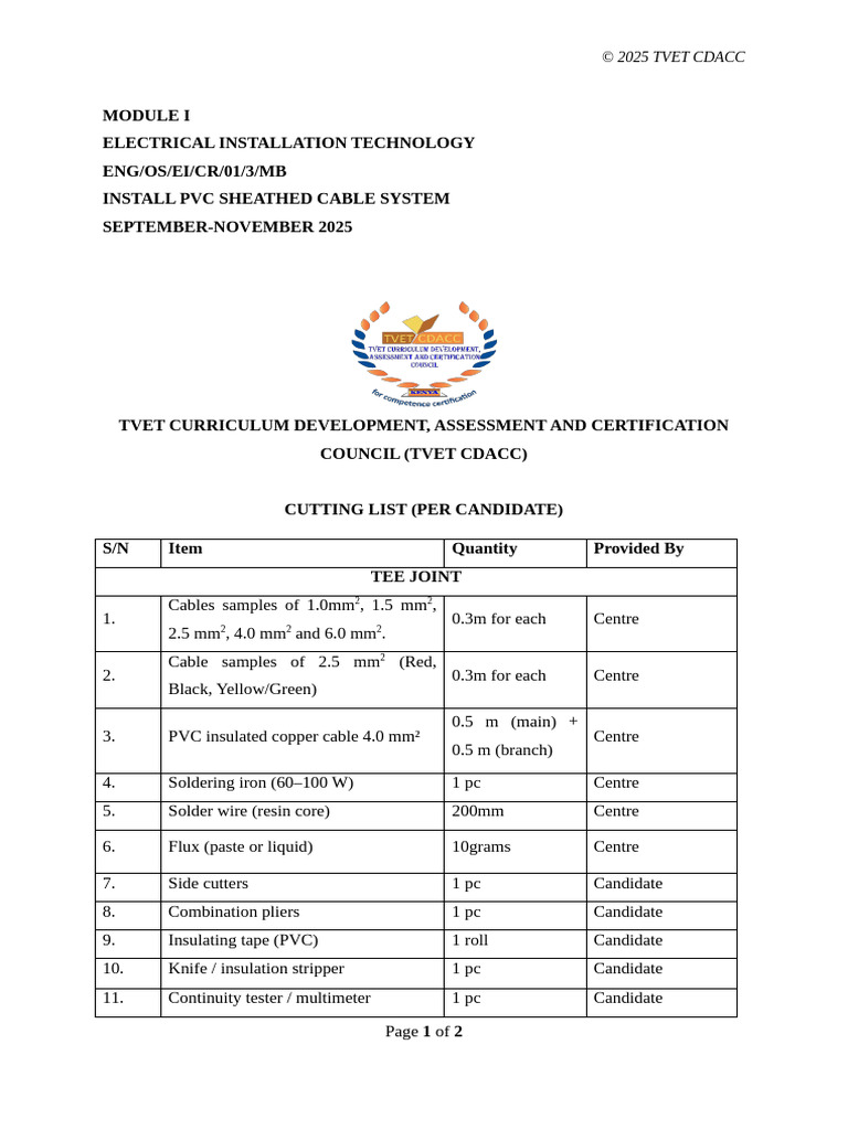 Cutting List Install PVC Sheathed Cable System | PDF | Electrical Equipment | Manufactured Goods