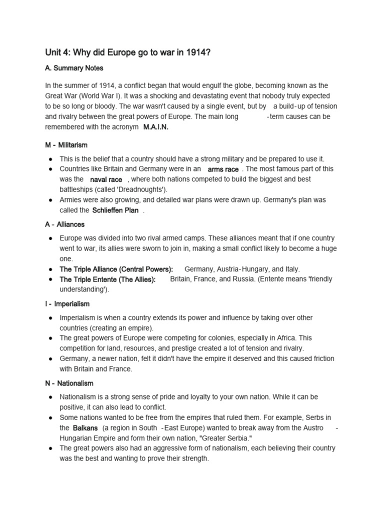 Unit 4 Why Did Europe Go To War in 1914-Notes | PDF | German Empire ...