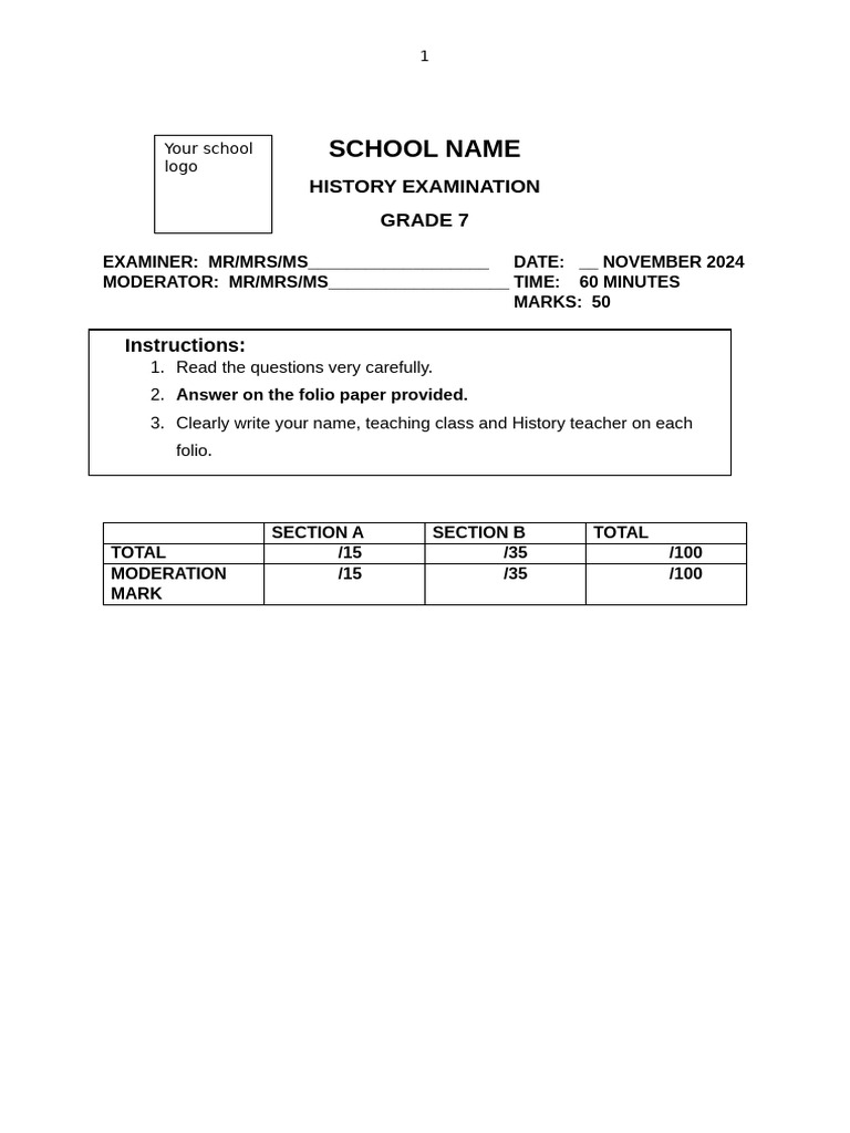 Grade 7 History Exam Paper 2024 | PDF | Tuberculosis | Diseases And ...