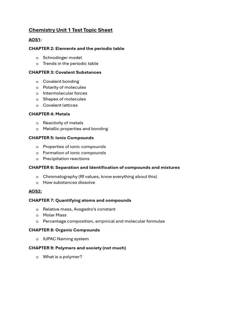 Chemistry Unit 1 Test Topic Sheet | PDF