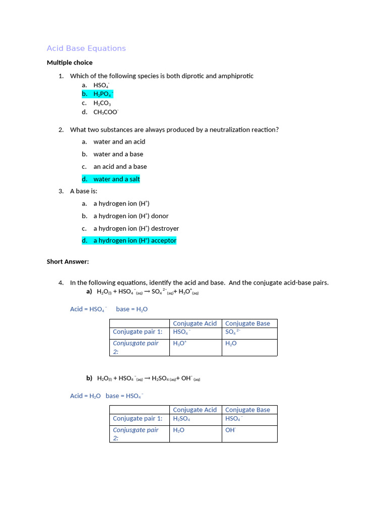 02 ANS Acid Base Equations WS | PDF | Acid | Materials