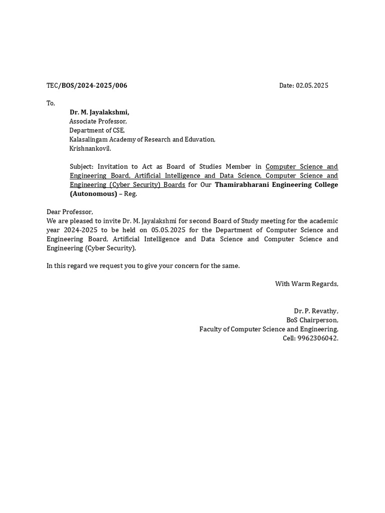 CSE - Invitation Letter For Board Members - 5.2.2025 - Jaya | PDF