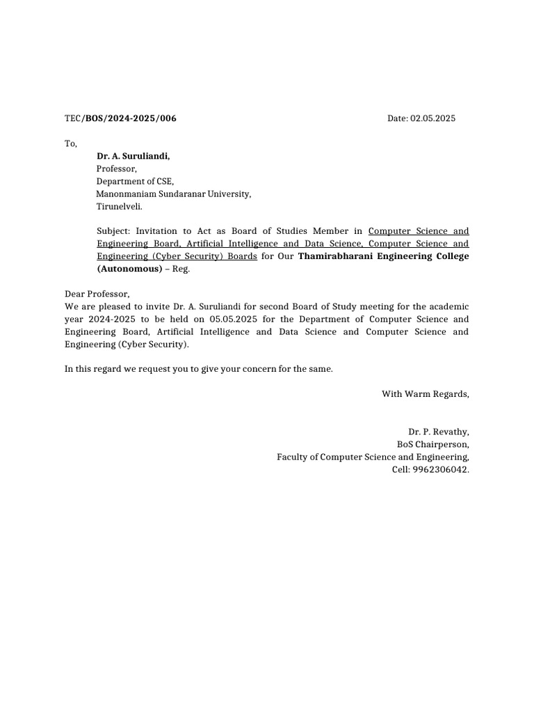 CSE - Invitation Letter For Board Members - 5.2.2025 - Suruli | PDF