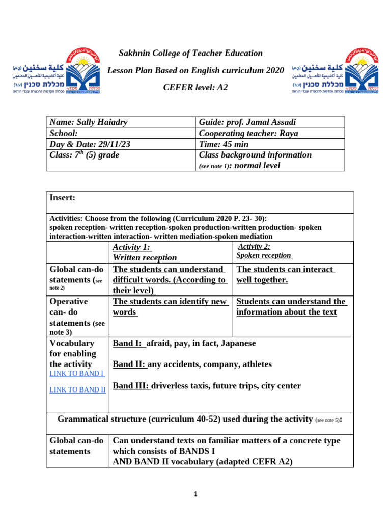 Final Lesson Plan 2020-A2-Intermediate | PDF | Curriculum | English ...