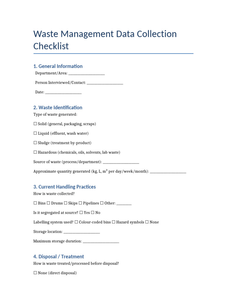 Waste Management Data Collection Checklist | PDF