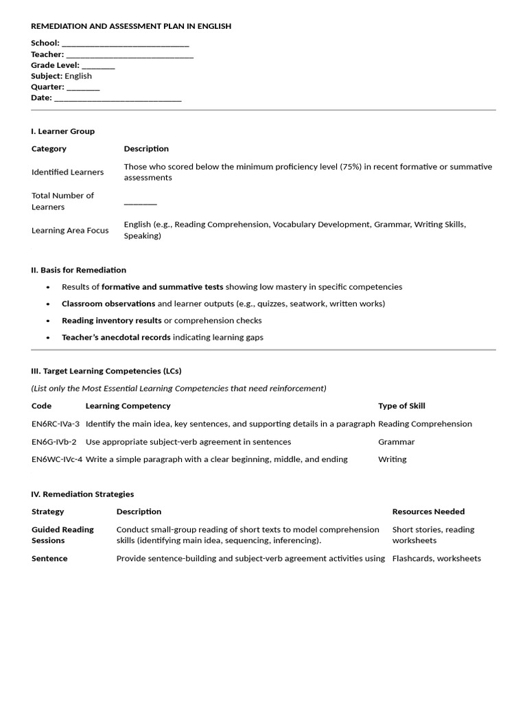 Remediation and Assessment Plan in English 6 | PDF | Reading ...