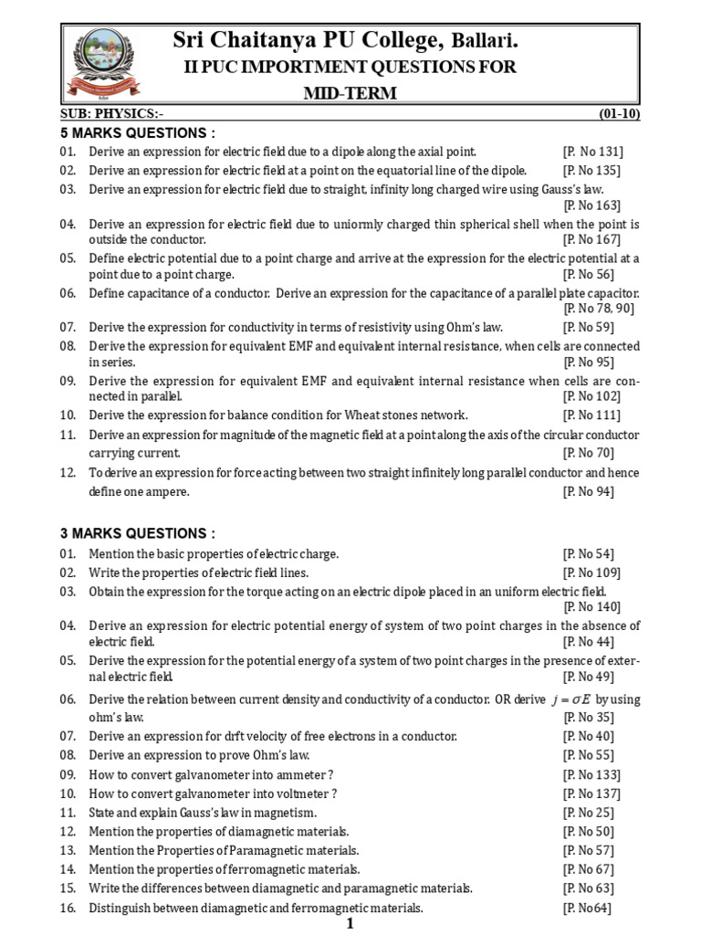 II Puc Important Questions Midterm | PDF | Electric Field | Magnetism
