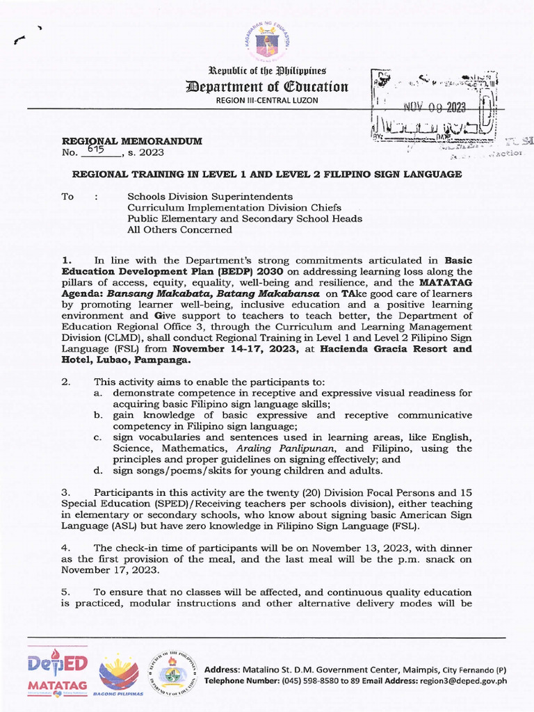 Rm No. 615, s.2023-Regional Training in Level 1 and Level 2 Filipino ...
