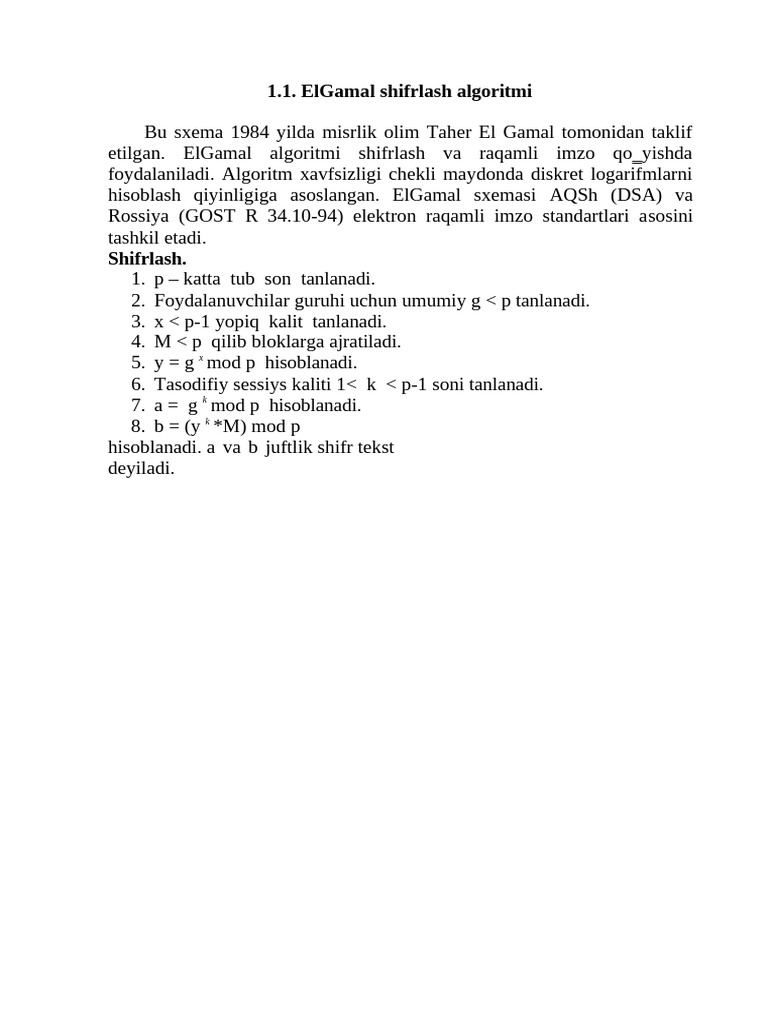 ElGamal Shifrlash Algoritmi | PDF