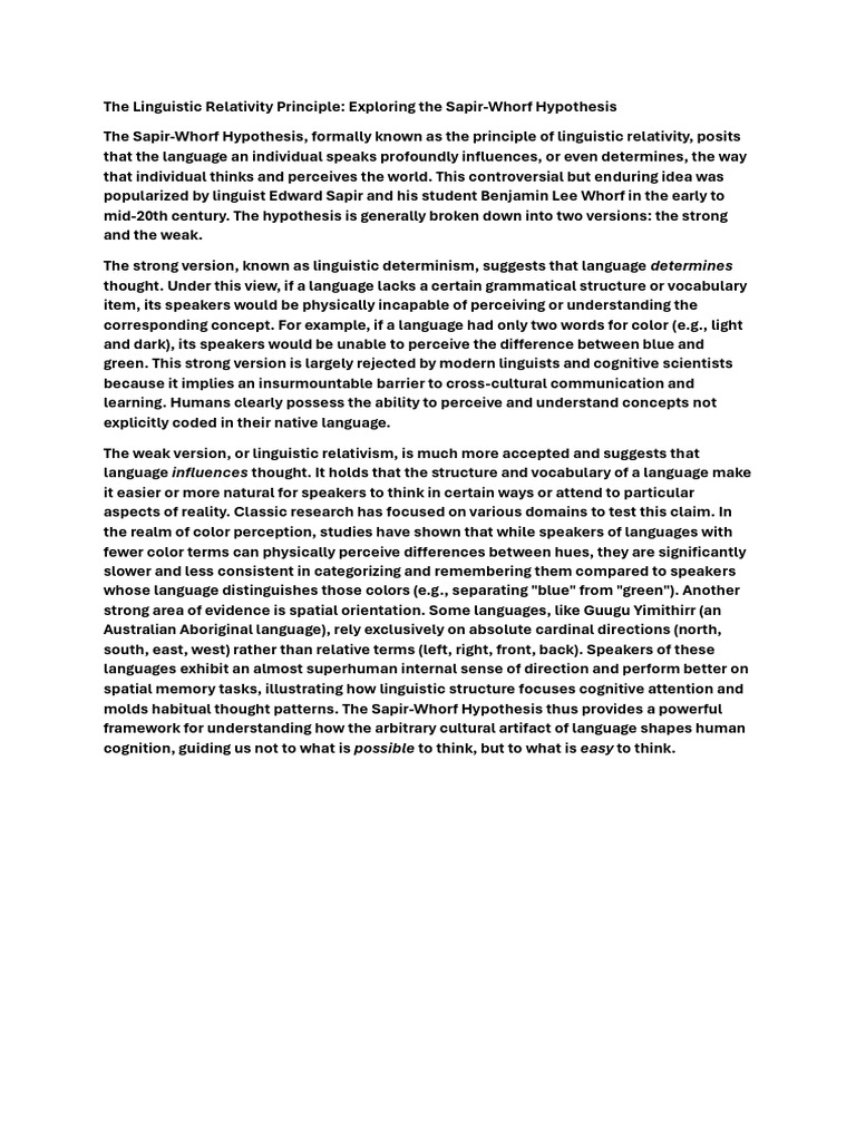 The Linguistic Relativity Principle Exploring the Sapir Whorf ...